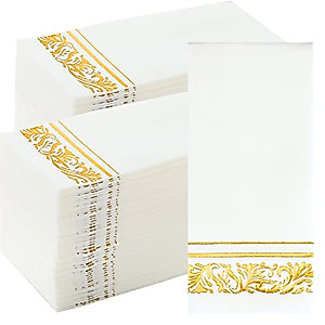 White and Gold Napkins Disposable Decorative - 100 PK - Linen Feel Paper Guest Towels Disposable Bathroom Fancy Wedding Napkins White Dinner Napkins Party Napkins Cloth Like