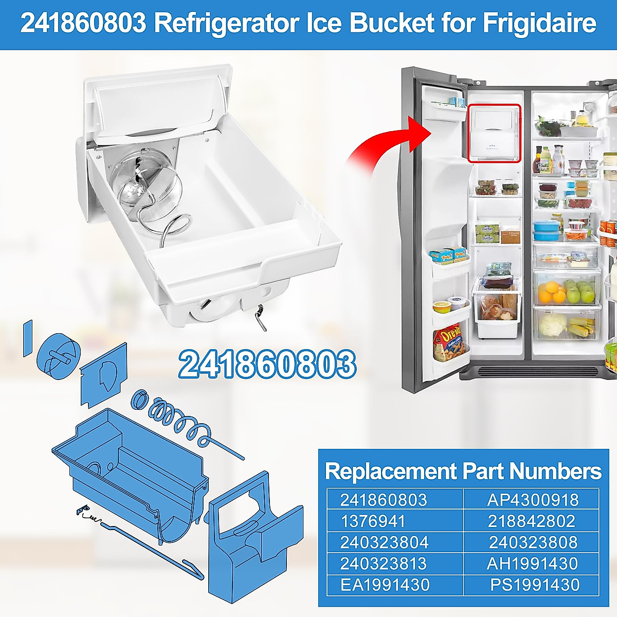 Upgraded 241860803 Refrigerator Ice Bucket Compatible with Frigidaire Ice Maker Replacement Ice Bin Container Auger Assembly AP4300918 LFSS2612TF0 FFSS2615TS0 FFHS2611PFEA LFSS2612TE0 Ice Maker Parts