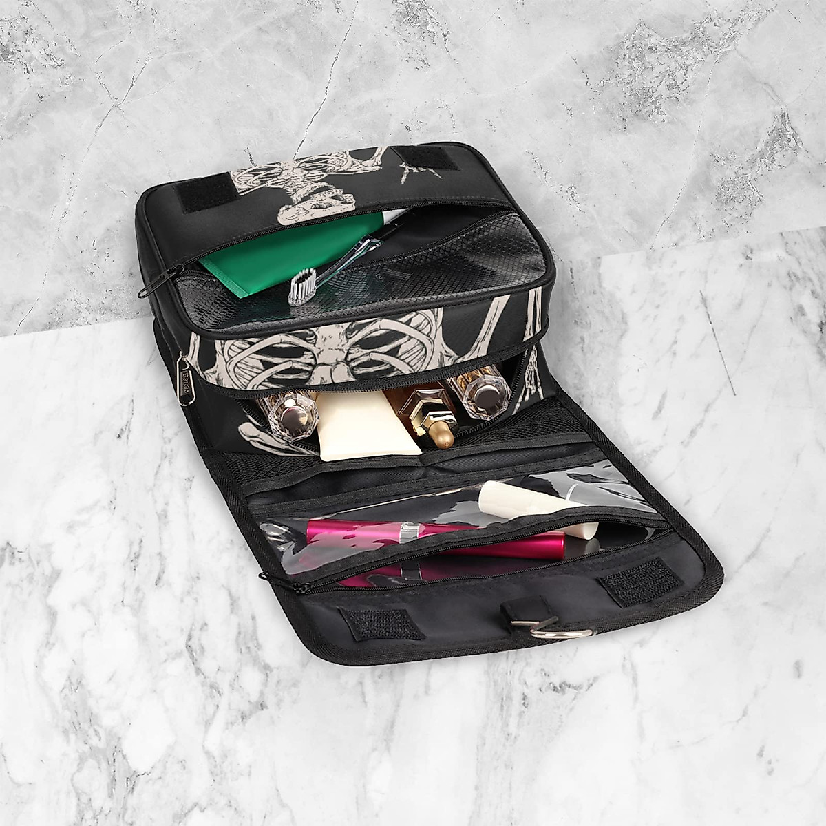 AUUXVA Hanging Toiletry Bag for Women, Halloween Skeleton Makeup Bag, Day of the Dead Cosmetic Bag, Travel Essentials for Women Men