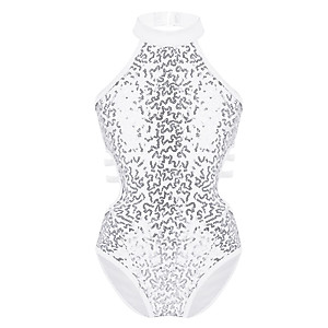 Jowowha Girls Sparkly Sequins Cutout Back Gymnastic Leotards Halter Neck One-Piece Ballet Dance Unitard Top Bodysuit Jumpsuit White 10 Years