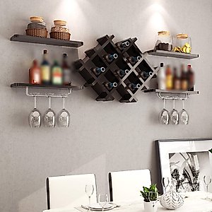Set of 5 Wall Mounted Wooden Wine Rack Storage Shelf Wine Rack Set with and Glass Holder Multifunctional Wall Hanging Wine Rack for Home Decoration(Style1-Black)