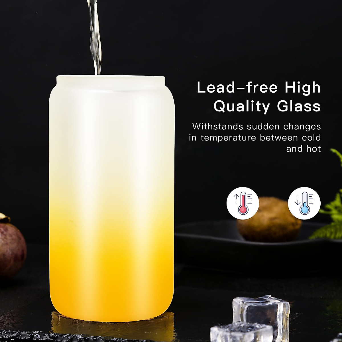 AGH 16oz Frosted Sublimation Glass Cups with Bamboo Lids and Straws, 5 Pcs Beer Can Glass Straight Sublimation Glass Tumbler, BPA-Free Glass Coffee Cups, Can Shaped Glass Cups - Gradient Orange