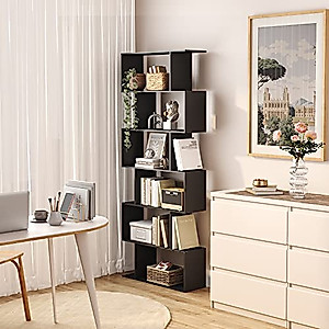 HOMEFORT Wooden Geometric Bookshelf,6-Tier S-Shaped Bookcase,6 Shelf Morden Bookshelves,Unique Freestanding Tall Book Shelf and Book Case for Bedroom and Living Room Home Office,Black