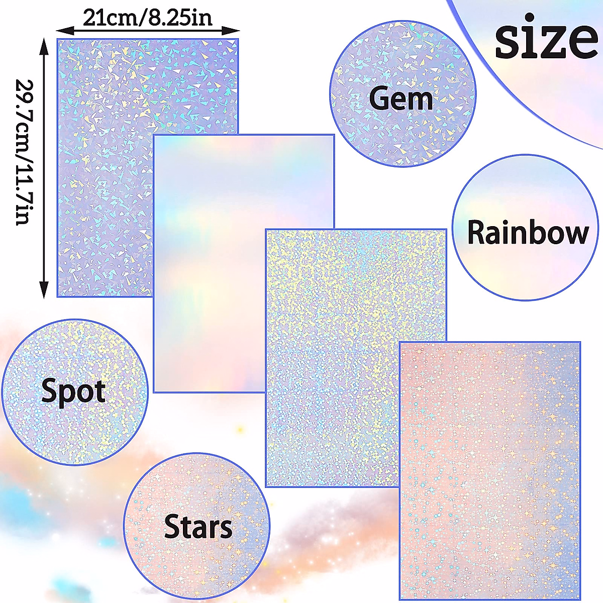 36 Sheets Holographic Sticker Paper Clear A4 Vinyl Sticker Paper Self-Adhesive Waterproof Transparent Film with Gem Spot Rainbow Star Patterns, 11.7 x 8.3 Inch (Gem, Dot, Colorful, Star)