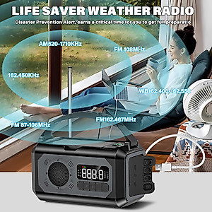 12000mAh Emergency Weather Radio, Hand Crank Radio Solar Radio Portable AM/FM/NOAA Radio with 2 Solar Panels 3 Charging Methods SOS Alarm 3 Mode Flashlight Phone Charger Compass Reading Lamp