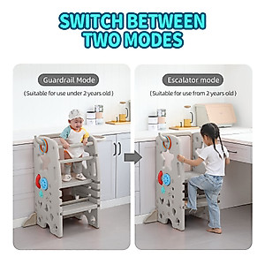 UNICOO Multifunctional Kids Step Stool with Double Safety Rails, Height Adjustable, Toddler Tower for Kitchen Countertop and Bathroom with Big Drawing Board & Games (OMLT-Grey)