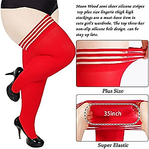 Moon Wood Plus Size Thigh High Stockings for Women 55D Semi Sheer Stay Up Nylon Silicone Top Lingerie Thigh Highs Pantyhose