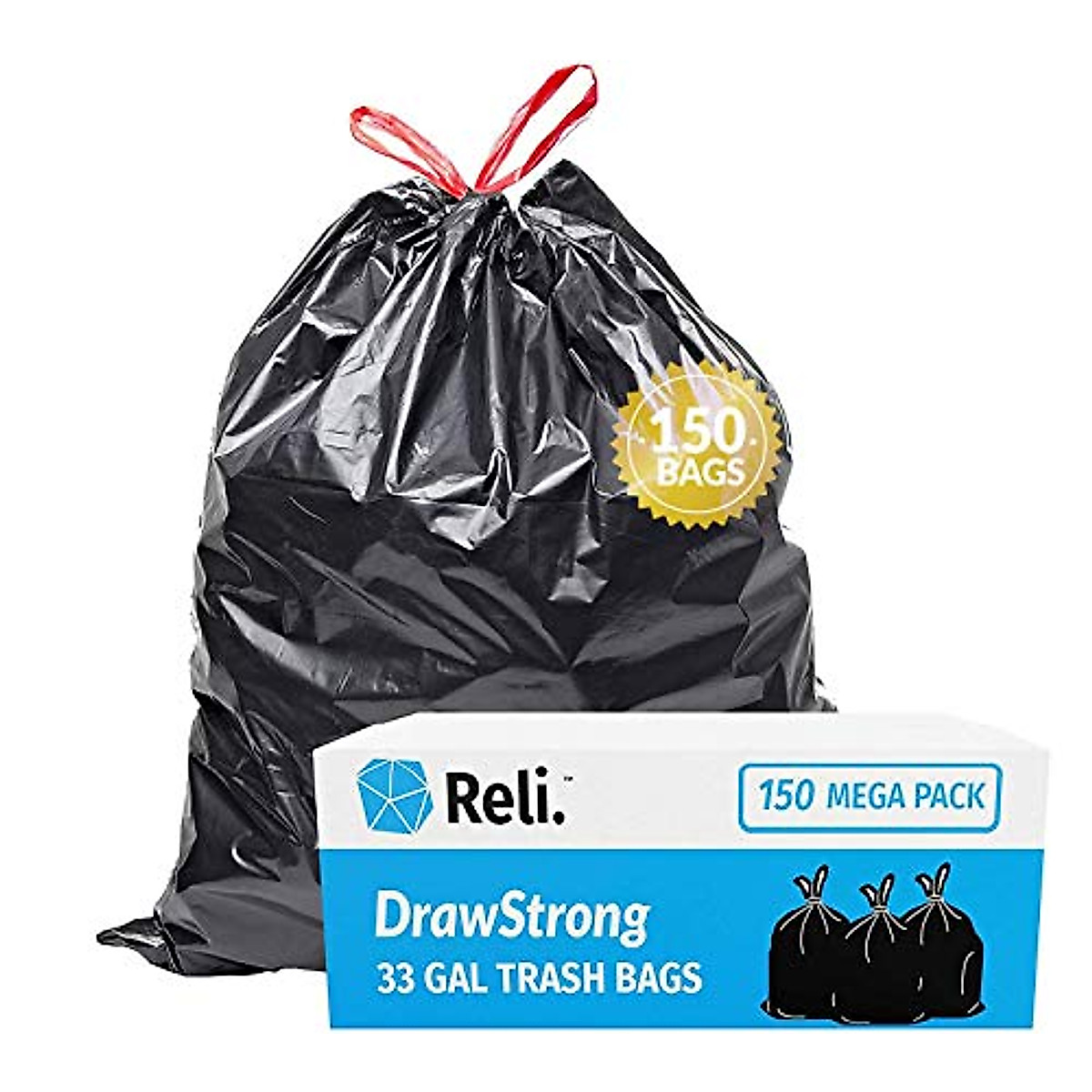 Reli. 33 Gallon Trash Bags Drawstring | 150 Count | Black | 33 Gallon Garbage Bags Heavy Duty | Large 33 Gal