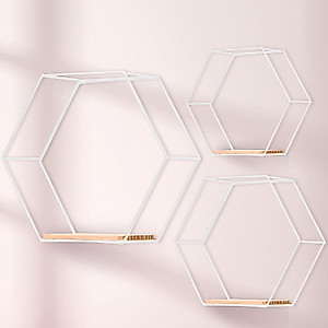 Wall Mounted Hexagonal Floating Shelves White Set of 3, Modern Metal White Shelves, Wood Partition Shelves for Wall Decor, Wall Shelves for Bedroom, Living Room, Kitchen, Office, Plants and Art