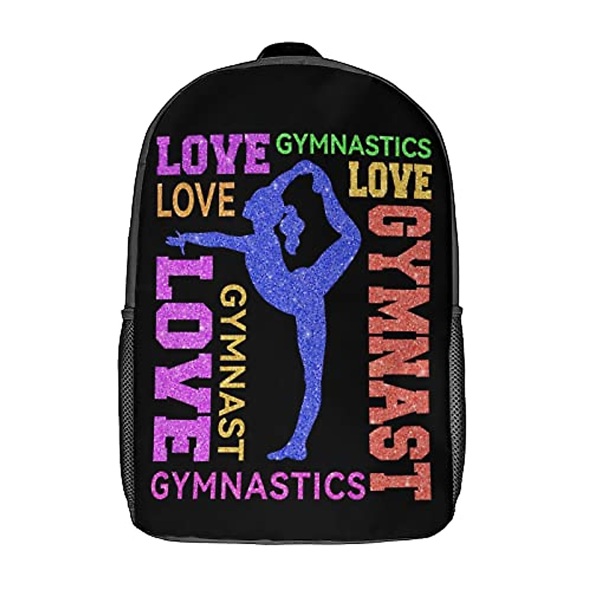 WZOMT Gymnastics Backpack for Girls Women, Colorful Love Gymnastics Gymnast on Black Bookbags Shoulder Schoolbag Rucksack Daypack Water Resistant Sport Hiking Travel Bags Gifts Large 17"