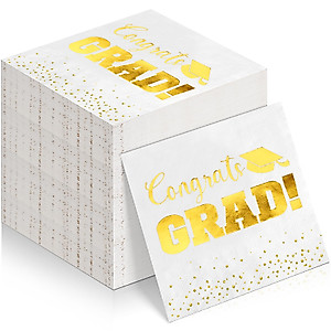 100 Pcs Graduation Napkins Party Decorations, Class of 2024 Congrats Gard Paper Cocktail Napkins, White and Gold Foil Napkins Disposable for High School College Graduation Party Supplies, Gold