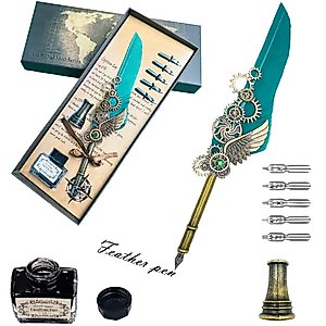 KYLLOG Quill Pen,Mechanical Wing The Feather Pen,Vintage Quill Dip Pen Handmade Feather Pen Calligraphy Pens Set,5 Replacement Nibs,Pen Stand Base,Vintage Quill Signature Pen (green)