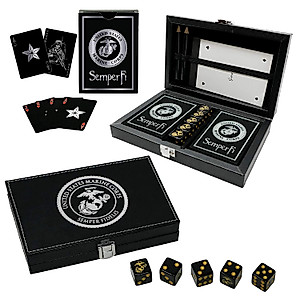 Marine Corps Playing Cards and Dice Set – Black Leather Keepsake Box, Playing Cards with USMC Rank Insignia, EGA Dice