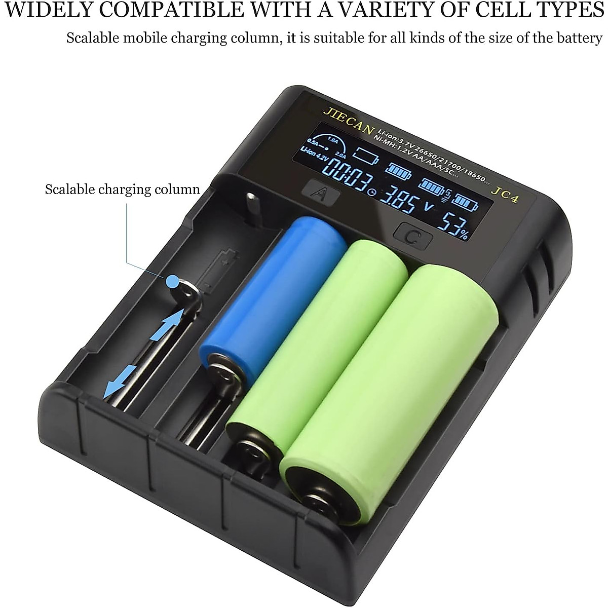 JIECAN LCD Universal Battery Charger, 4 Bay AA AAA Battery Charger,USB High-Speed Charging, Independent Slots, Smart Fast Charging Battery Charger for 3.7V Ni-MH Ni-CD AA AAA Rechargeable Batteries