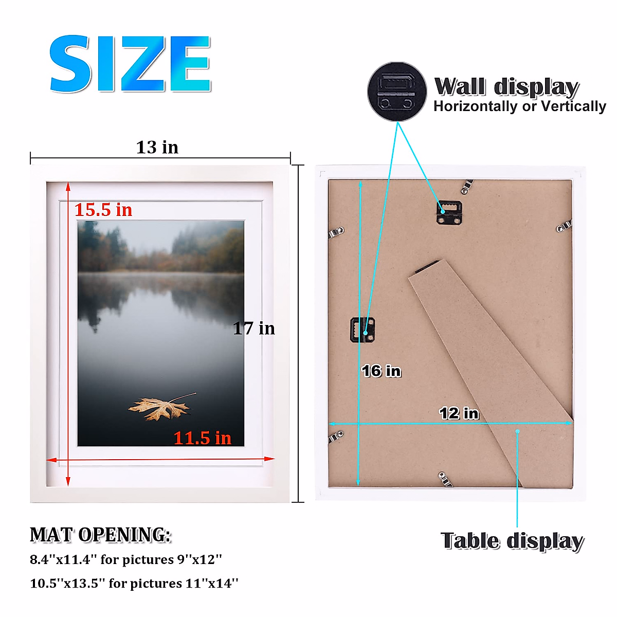 Egofine 12x16 Picture Frame White Covered by Plexiglass Made of Solid Wood, Display Pictures 9x12 and 11x14 with Mat or 12x16 Without Mat for Table Top and Wall Mounting