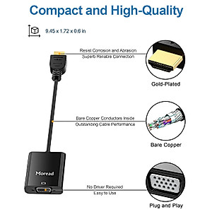 Moread HDMI to VGA with Audio, Gold-Plated Active HDMI to VGA Adapter (Male to Female) with Micro USB Power Cable & 3.5mm Audio Cable for PS4, MacBook Pro, Mac Mini, Apple TV and More - Black