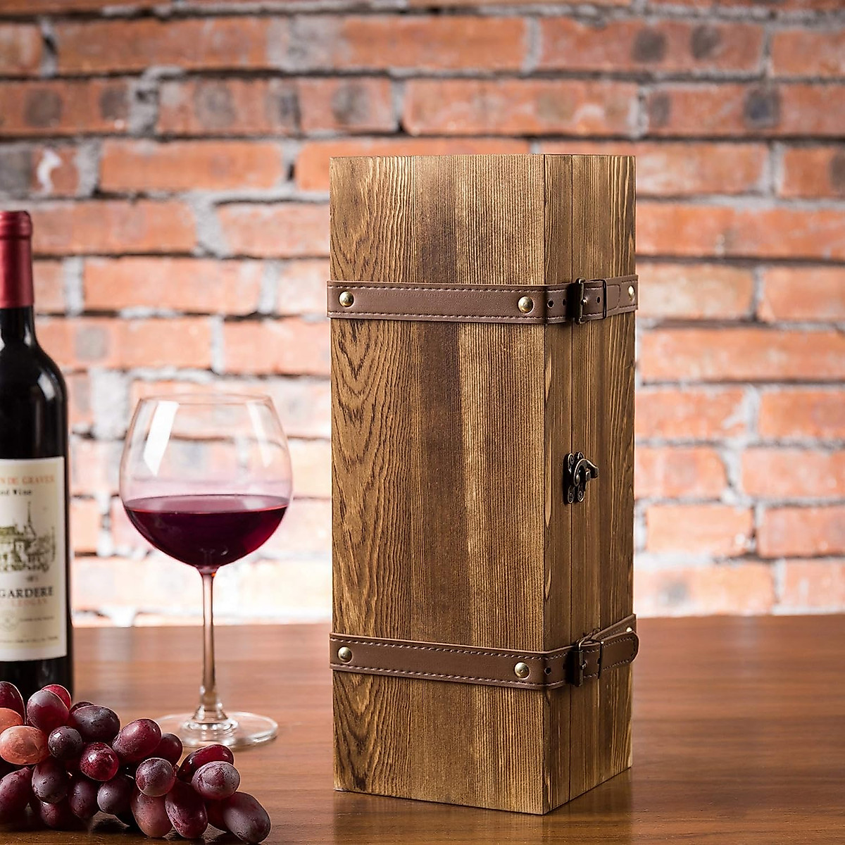 MyGift Vintage Brown Wood Single Wine Bottle Holder Gift Box with Leatherette Buckle Straps and Locking Latch