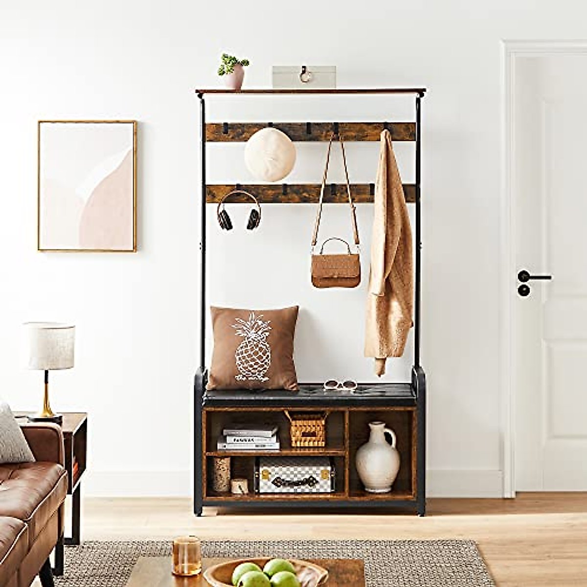 VASAGLE Hall Tree with Storage Bench, Entryway Storage with 9 Hooks, Coat Rack with Soft Bench, Shoe Rack, Steel Frame, Rustic Brown and Black UHSR099B01