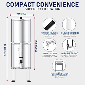 USWF Gravity Fed Water Filter System - 2.25 Gal Stainless Steel w/ 2 Carbon Filters, 2 Fluoride Filters, Portable Countertop Filtration System, Metal Sight Glass Spigot, Stand, NSF/ANSI 372 Certified
