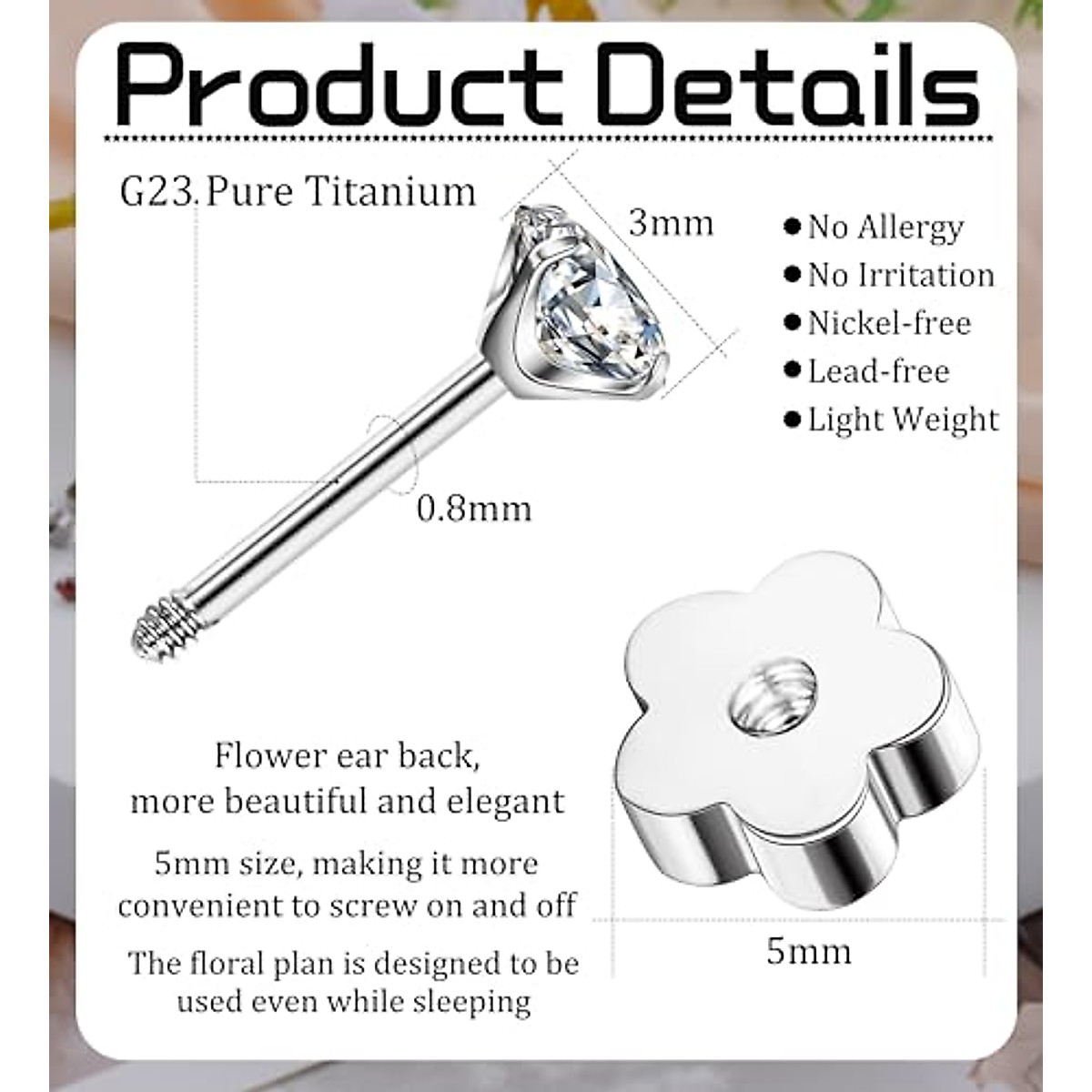 Enticera 3mm G23 Titanium Earrings for Sensitive Skin Handmade Flower Screw Back 5A+Cubic Zirconia Earrings 20g 14K Gold Hypoallergenic Nap Earrings for Helix Cartilage Piercing White