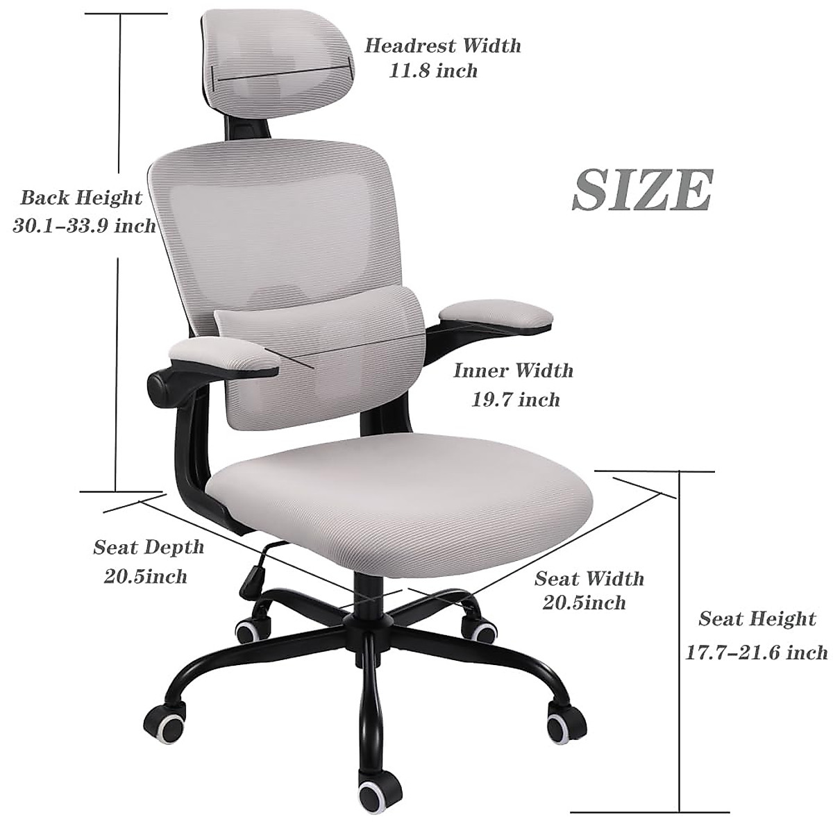 Ergonomic Office Chair Mesh Desk Chair Lumbar and Back Support Computer Chair with Adjustable Headrest Pillow 360 Swivel Casters and Flip-up Armrests for Home Office (Gray)