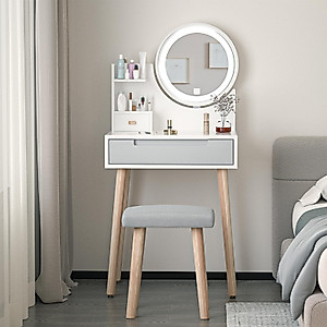 ARTETHYS Small Vanity Desk Set with 3 Adjustable Lighted Mirror and Storage Shelf White and Grey Tiny Vanity Table with Drawer for Bedroom 24 Inch Makeup Vanity Compact Dressing Table for Small Space