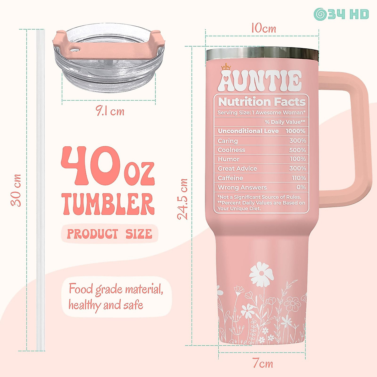 34HD Best Auntie Ever Tumbler with Handle and Straw, 40oz Stainless Steel Aunty Mug, Aunt Coffee Cup, Aunt Birthday Mothers Day Gifts from Nieces and Nephew