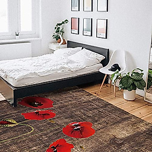 Indoor Area Rugs, Poppy Flower Wooden Background Non-Slip Rubber Backing Rug, Non-Shedding Floor Carpet Washable Throw Rug for Living Room Bedroom Dining Home, 4' x 6'