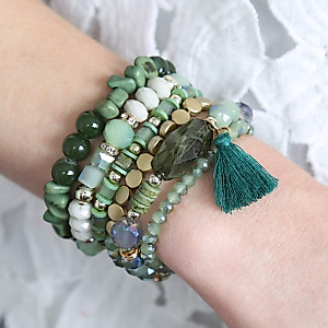 RIAH FASHION Coin Bead Multi Layer Versatile Statement Bracelets - Stackable Beaded Strand Stretch Bangles Sparkly Crystal, Tassel Charm (Green)