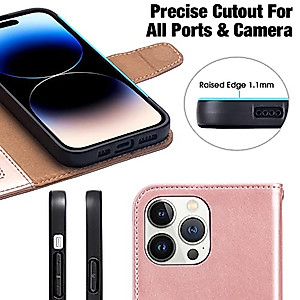 Arae Compatible with iPhone 14 Pro Case Wallet Flip Cover with Card Holder and Wrist Strap for iPhone 14 Pro 6.1 inch-Rose Gold