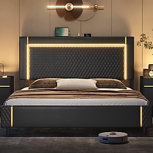 MSmask King Size Bed Frame with 48.8''-51.2'' Tall Adjustable Headboard and LED Lights, Upholstered Platform King Bed Frame and Headboard, LED Bed Frame with Type-C&USB, No Box Spring Needed, Black