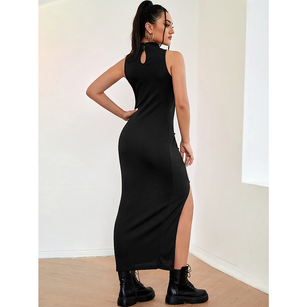 Verdusa Women's Mock Neck Cut Out Split Thigh Sleeveless Long Bodycon Dress Black S