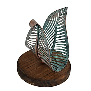 OwlGift Freestanding Modern Napkin Holder w/Golden Turquoise Metal Leaf & Brown Wooden Base Design, Tabletop Tissue Dispenser, Napkin Storage Organizer