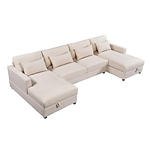 U Shaped Couch Sectional Sofa with Storage Oversized Sectional Couch with Double Chaise Lounge Modern 6 Seat Cloud Couch with 4 Lumbar Support Pillows for Living Room, Beige
