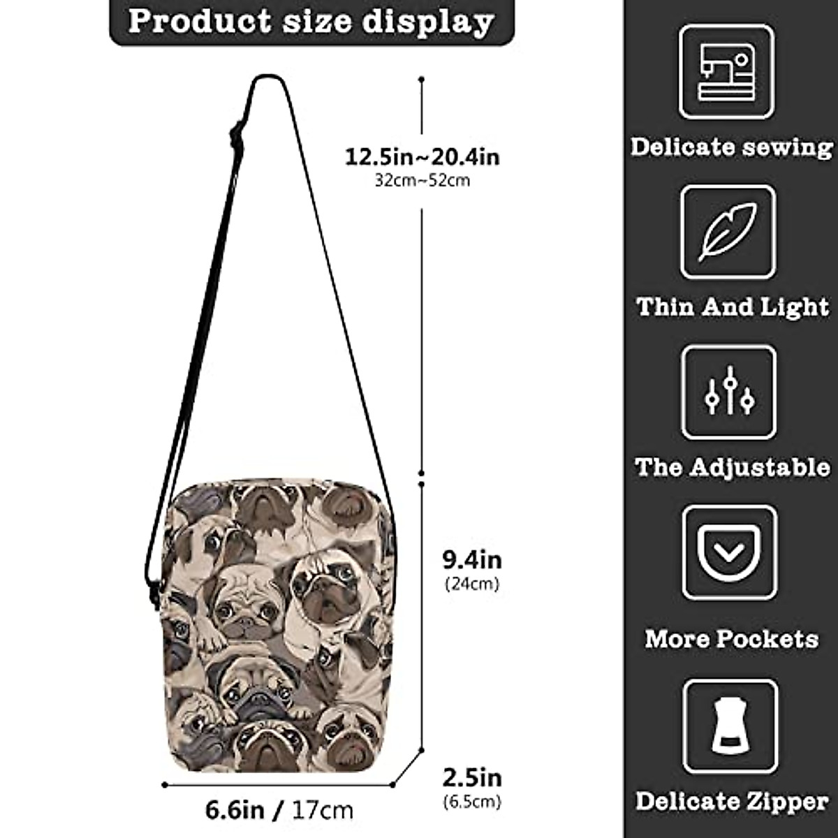 ALAZA Beige Pug Dog Art Crossbody Bag Small Messenger Bag Shoulder Bag with Zipper for Women Men