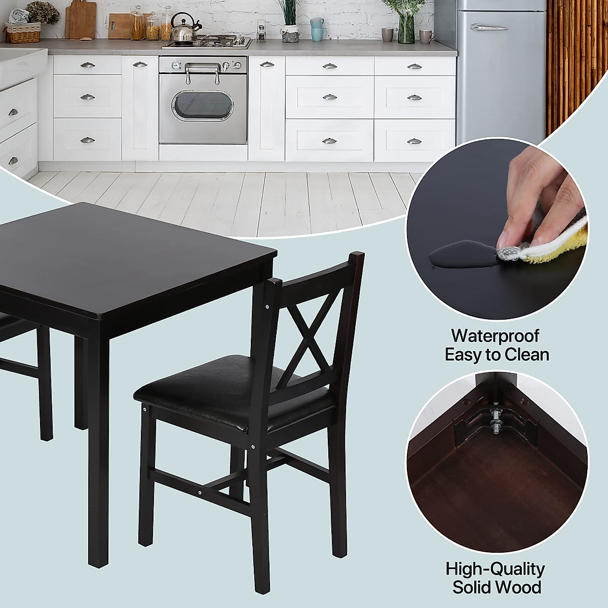 Dkelincs Dining Table Set for Small Space, 3 Peices Wood Kitchen Dinette Table with 2 Chairs, Modern Counter Height Dining Room Table for Kitchen,Dining Room, Restaurant, Dark Brown