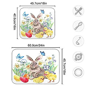 Easter Bunny Flowers Butterfly Chick Dish Drying Mat 24"x18" Absorbent Machine Washable Hanging Fast Dry Pad Dish Protective Mat for Kitchen Countertop Heat Resistant Dinner Table Mat