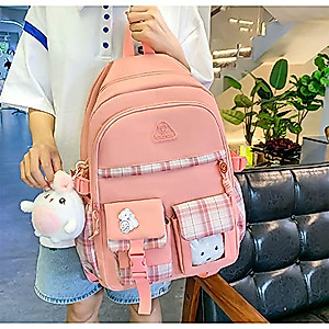 KOVPIFB 5 PCS Kawaii Backpack Set,Cute Plush Pendants & Pins Aesthetic Schoolbags for Teen Girls,Large Capacity Bookbags Pink