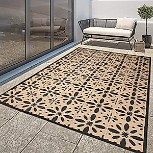 AOLEBA Reversible Outdoor Plastic Straw Rug Mat, 5'x8' Black and Beige Flower Area Rugs for Outdoor, Camping, RV, Patio, Picnic, Beach, Backyard, Deck, Trailer