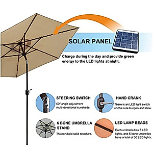 ZJDU 8.2 Ft Solar Powered Outdoor Market Patio Table Umbrella,Table Market Umbrella, 30 LED Lighted Patio Umbrella, with LED Lights and Tilt,for Garden, Deck, Backyard, Pool and Beach,Brown