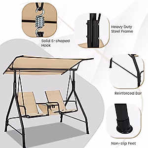 Tangkula 2 Person Porch Swing, Outdoor Swing with Tempered Glass Table, 2 Cup Holder, Patio Swing with Adjustable Canopy for Garden, Porch, Backyard