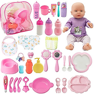 SOTOGO 34 Pieces Baby Doll Care Set Doll Feeding and Changing Accessories Set Baby Doll Accessories in Bag, Without Doll