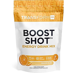 TransformHQ Boost Shot Powder Drink Stick Packets, Orange Blast, 7 Pack, Energy Supplements for Women & Men, with Caffeine, Vitamin B12, B9, B6 & B3