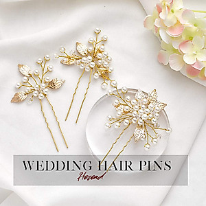 Heread Pearl Bride Wedding Hair Pins Leaf Bridal Head Piece Flower Hair Accessories for Women and Girls (Pack of 3) (Gold)