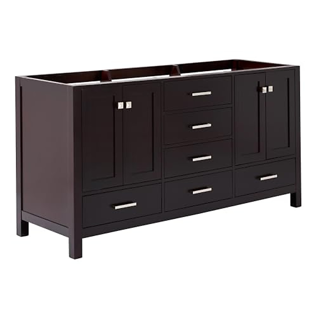 ARIEL Bath Vanity Base Cabinet 66" Inch in Espresso, Dual Sink Configuration, 4 Soft Closing Doors, 6 Full Extension Dovetail Drawers, Brushed Nickel