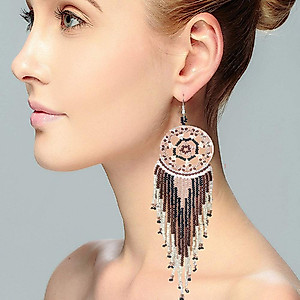 Tarsus Bead Earrings Dangle for Women Seed Bead Dream Catcher Women Hypoallergenic Beaded Native American(Gray)