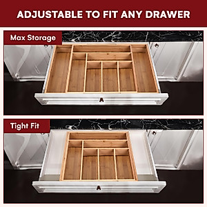 KITCHTIC Expandable Bamboo Drawer Organizer for Utensils, Cutlery, Silverware, Flatware, Knives for Kitchen - Wooden Cabinet Drawers Dividers for Spoon, Fork, Knife - Adjustable to any Size
