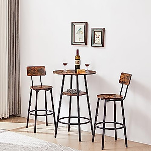 Lepfun Bistro Set of 2, Pub High Top Round Table and Chairs Upholstered Cushion, Storage Shelf and Backrest, 3-Piece Bar Stool Set for Breakfast Nook, Rustic Brown
