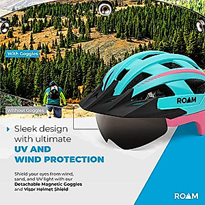 Roam Road Bike Helmet - Durable Helmets for Adults with Sun Visor, LED Light and Detachable Magnetic Goggles - Adjustable Size - Mountain Bicycle Helmet for Adult Men & Women﻿