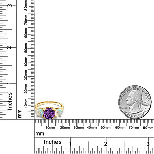 Gem Stone King 18K Yellow Gold Plated Silver Purple Amethyst and Simulated White Opal 3 Stone Engagement Ring For Women (3.10 Cttw, Gemstone February Birthstone, Cushion 8MM, Size 9)